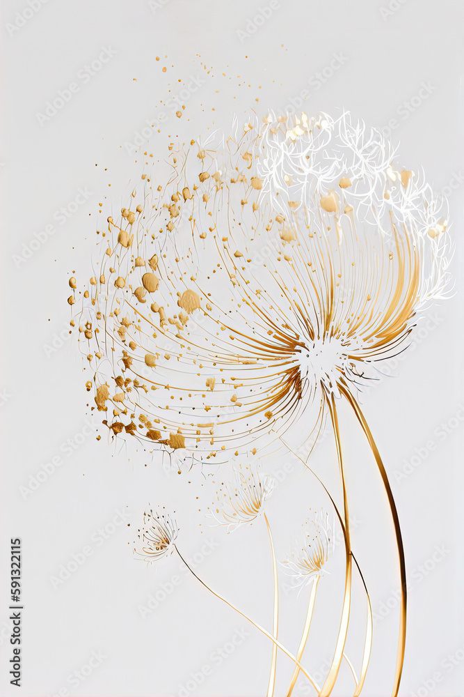Luxury floral oil painting. Gold dandelion on white background ...
