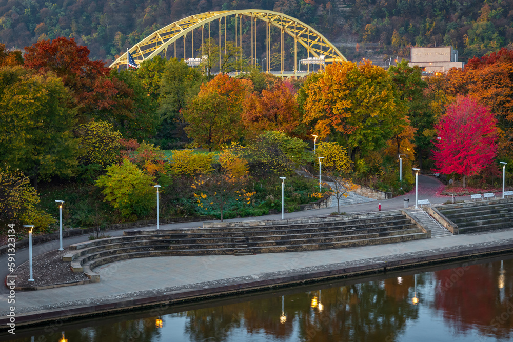Pittsburgh's Point State Park in Fall with Fort Pitt Bridge Stock Photo ...