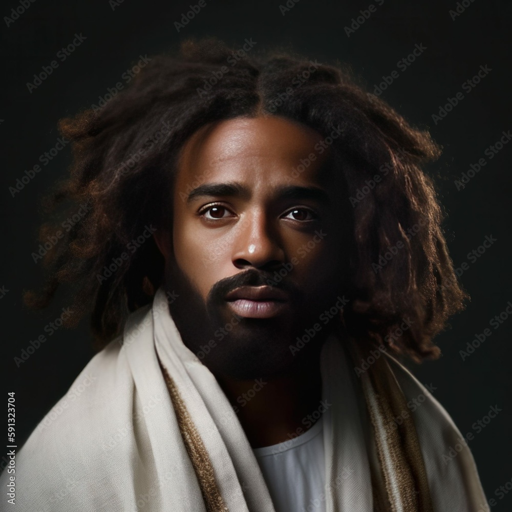 Black Jesus Christ with White Robes, Dark Background Studio Style ...