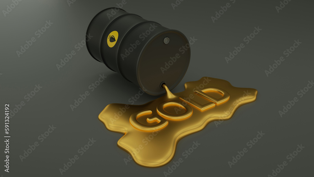 Oil in the form of liquid gold pouring from black barrel. Oil is the ...