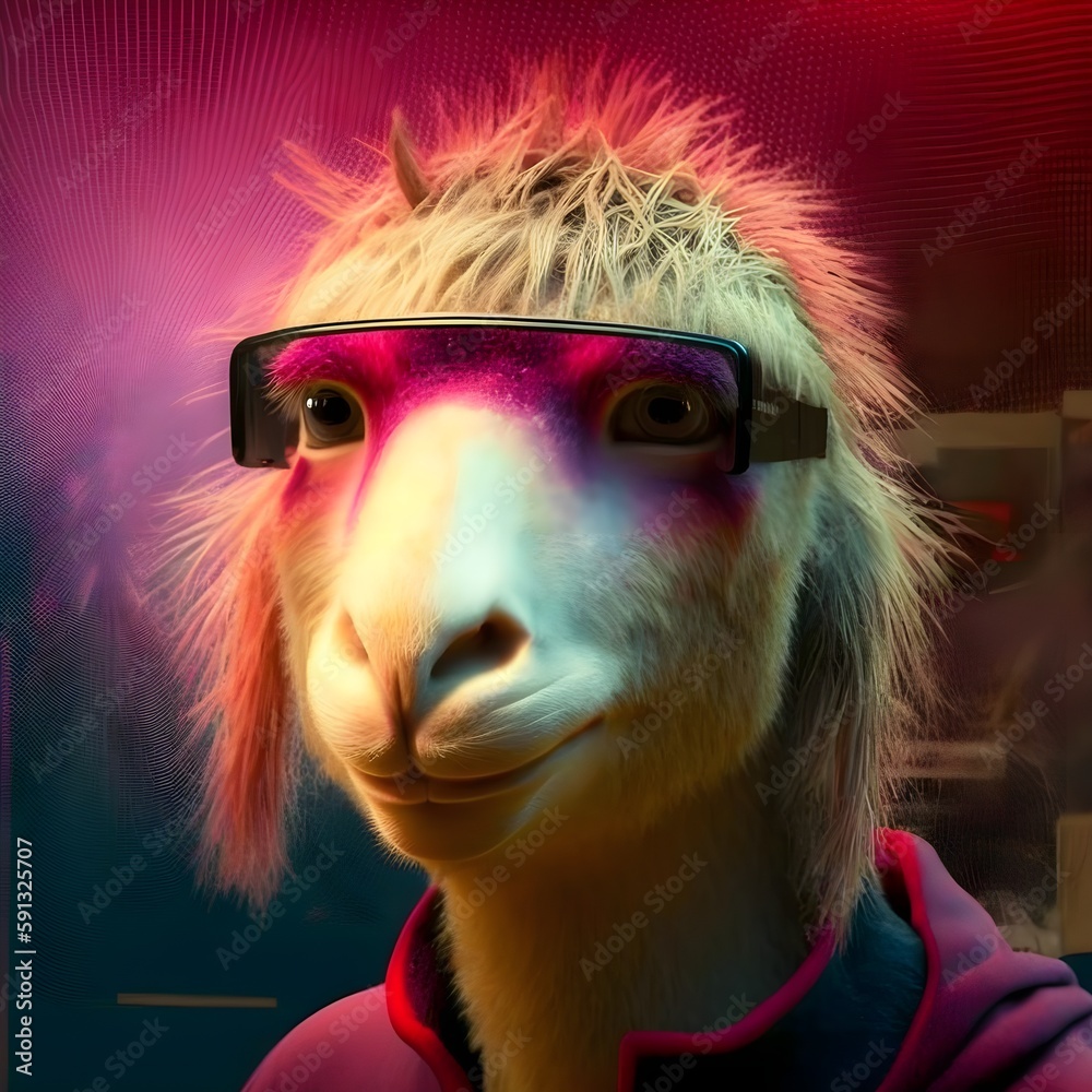 portrait looking in the camera llama rainbow background cinematic ...