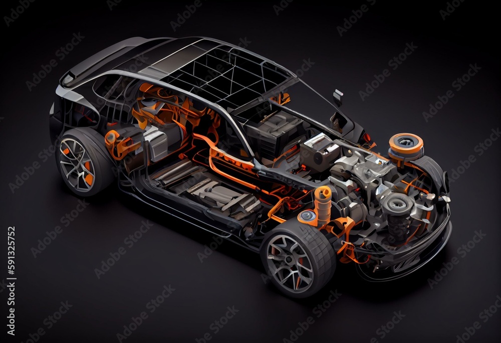 Transparent view of electric SUV car with suspension, steering system ...