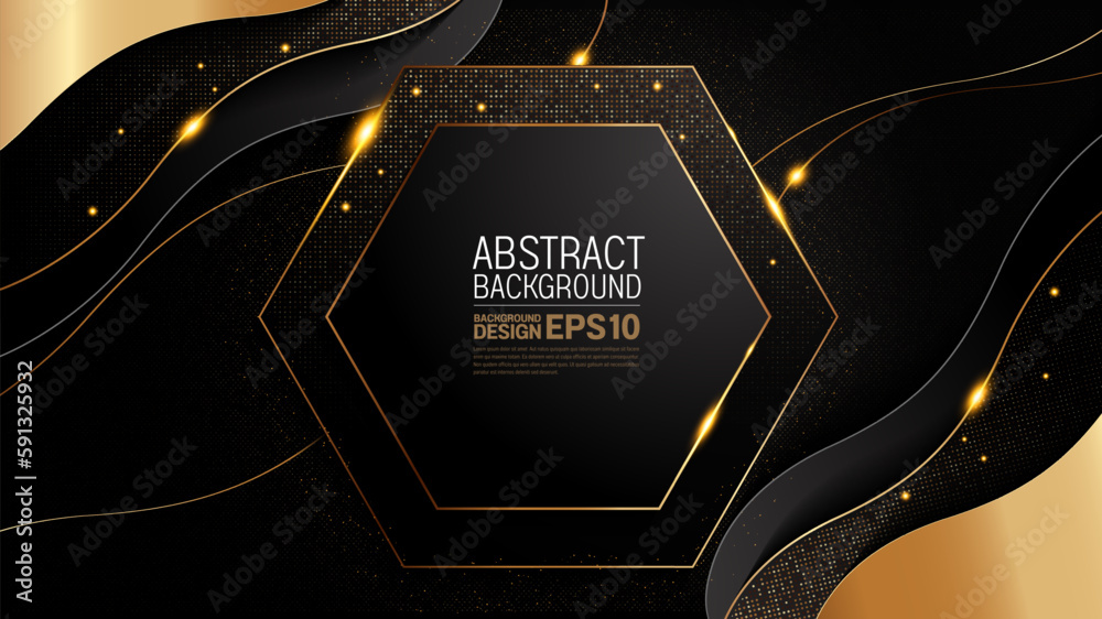 elegant black gold background, luxury image abstract, straight lines hexagon shapes, overlap ...
