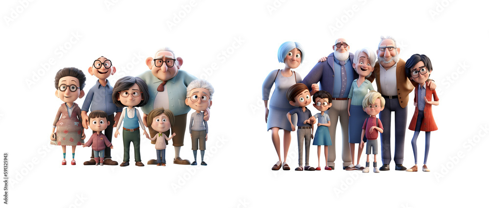 Set of 3D cartoon character cute three generation happy family and ...