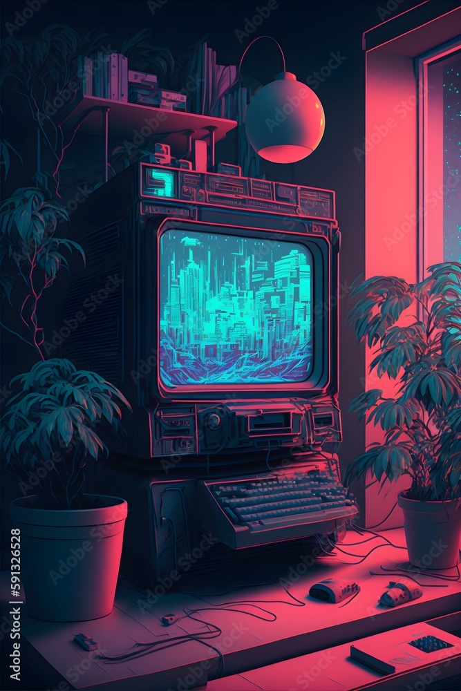 glitched building in a 1985 tokyo room night study room old computer ...