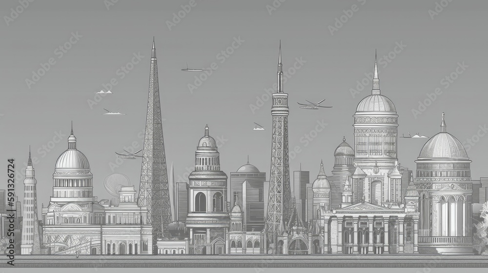 Monochromatic fine line art of famous landmarks Stock Illustration ...