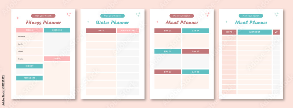 Fitness planner template for workout schedule and diet chart Stock ...