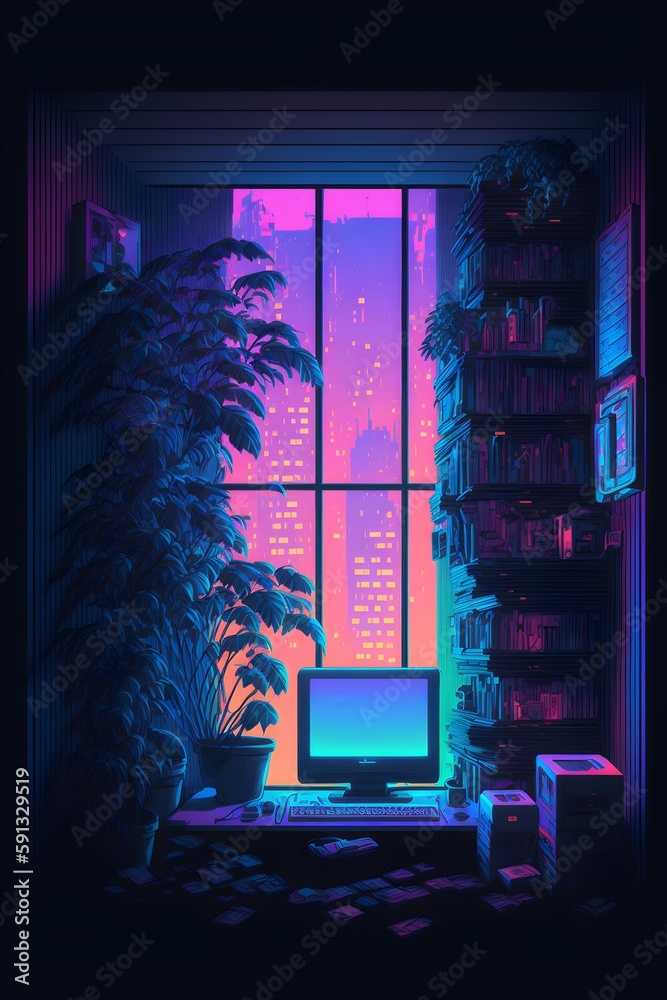 glitched building in a 1985 tokyo room night study room old computer ...