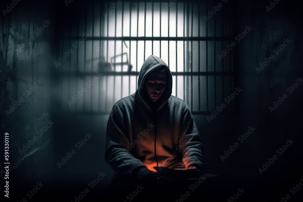 Hacker in prison cell. Selective focus. AI generated, human enhanced ...