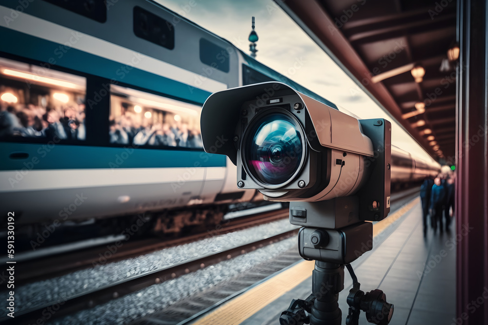 CCTV Camera Operating on train station platform. Neural network AI ...