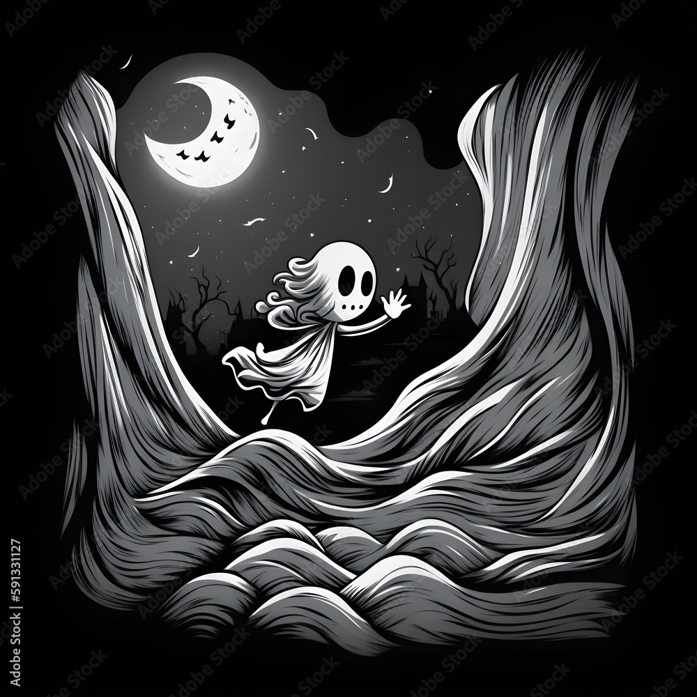 cartoon blanket styled ghostcentered wavy floating towards moon ...