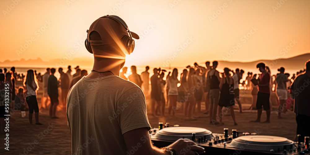 Party on the beach. Dj mixing outdoor at beach party festival with ...