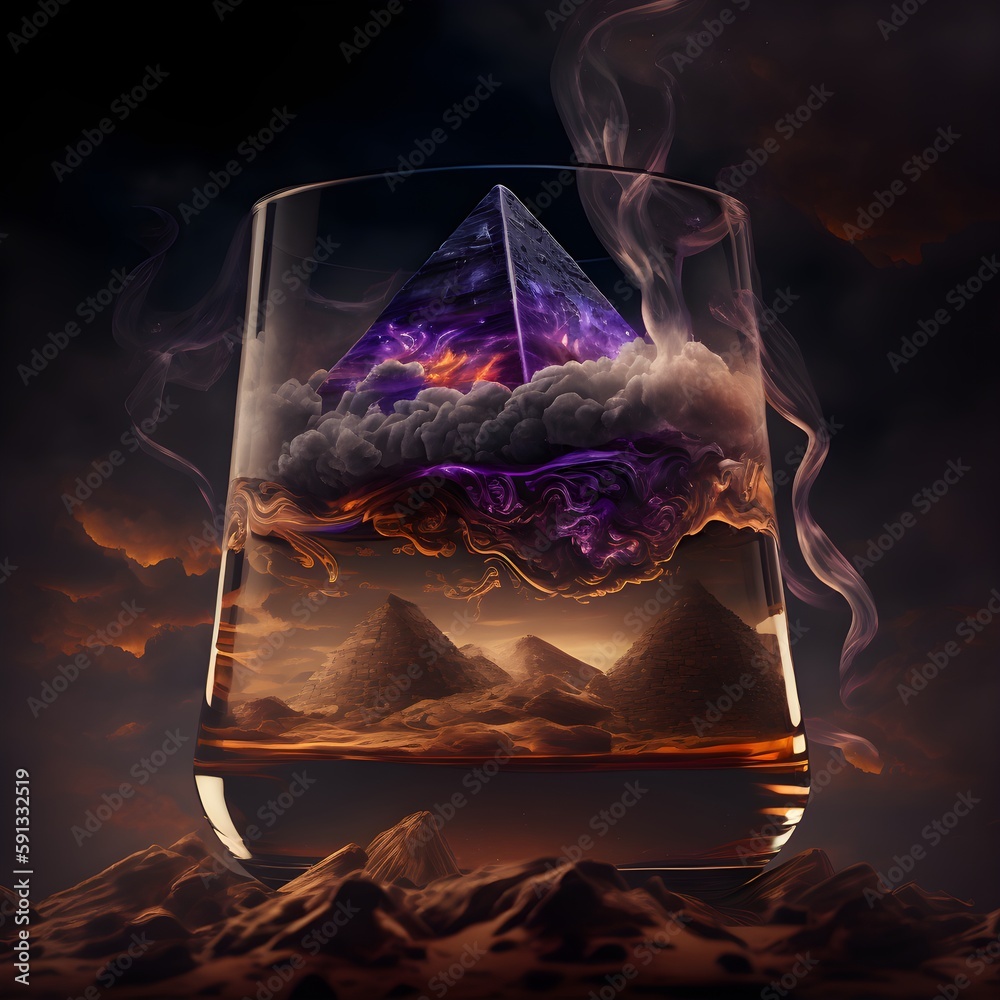 Egyption pyramids made whiskey flowing stormy black clouds with ...