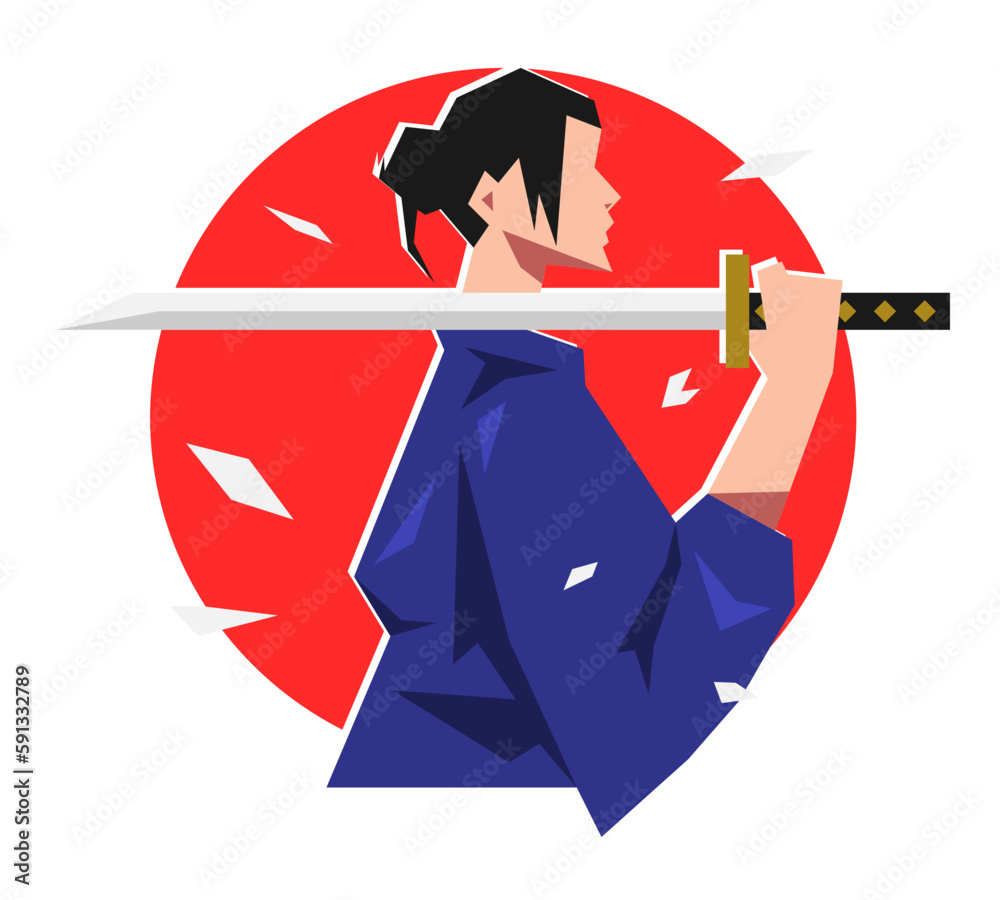 samurai character holding katana on shoulder. side view. japanese ...