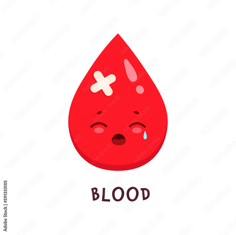 Blood drop sick character, unhealthy vector cartoon personage. Human ...