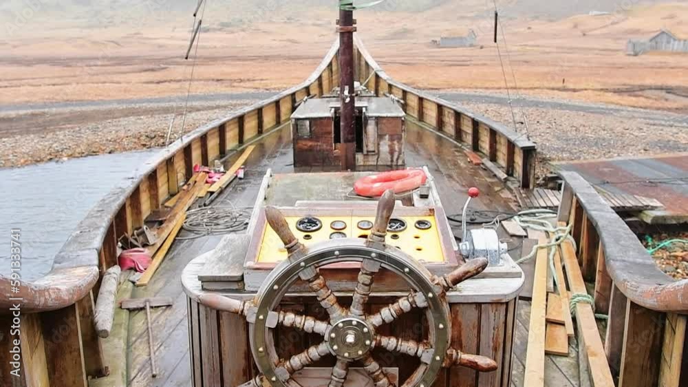 Viking ship in Icelandic viking village. On deck panoramic view and ...
