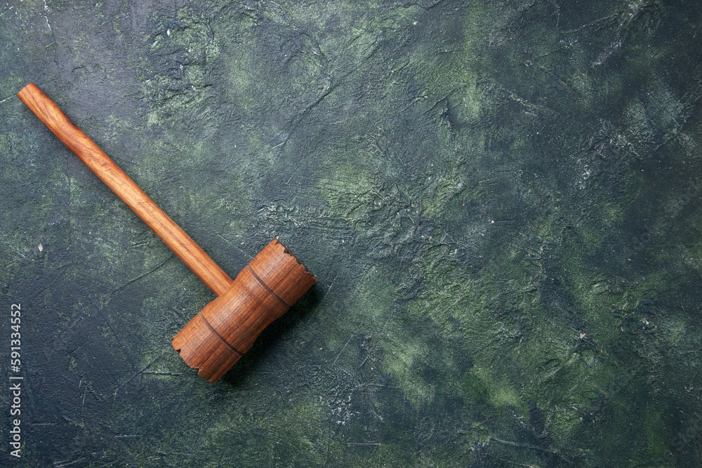 top view wooden hammer for meat beating on dark background kitchen ...