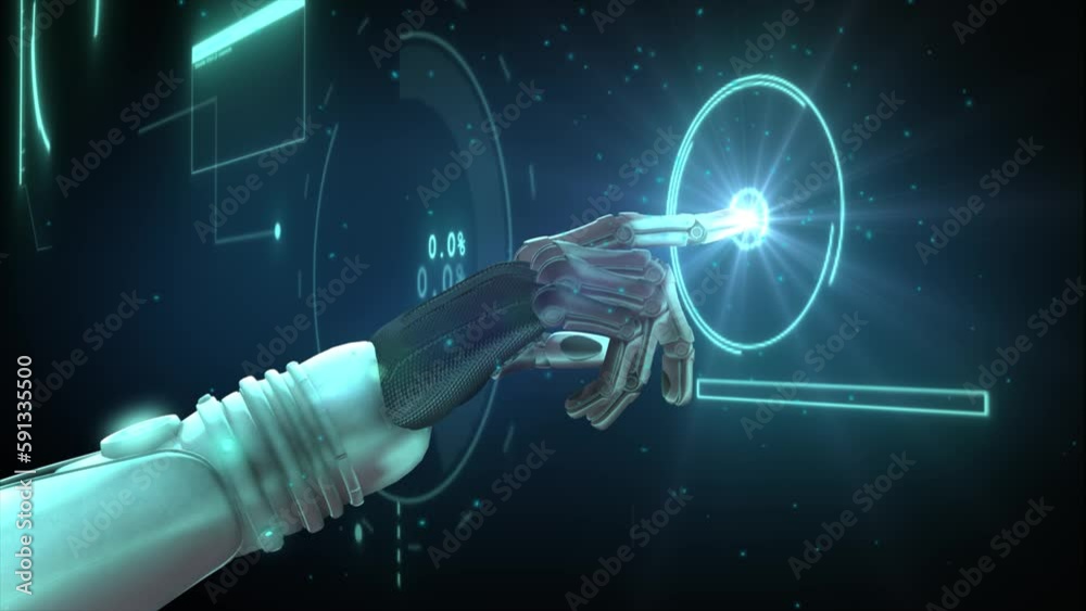 High quality 3D CGI render of a robot arm touching and activating a ...