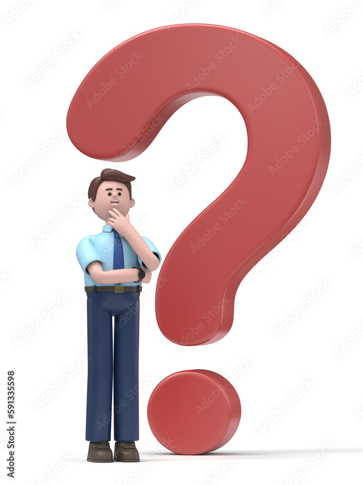 3D illustration of a thinking Asian man Felix with big question mark in ...