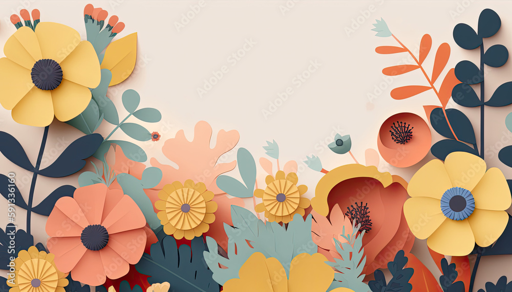 A vibrant and intricate papercraft flower border, bursting with an ...
