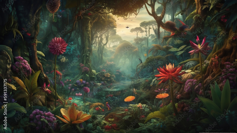 A jungle of giant flowers: a jungle where the plants are larger than ...