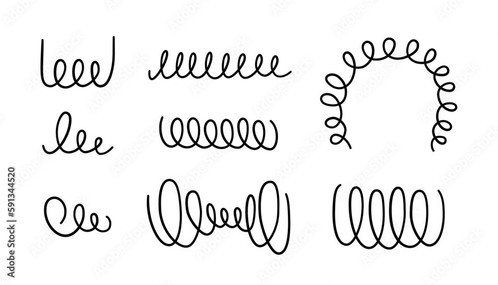 Hand drawn spiral springs set. Doodle flexible coils, wire spring ...