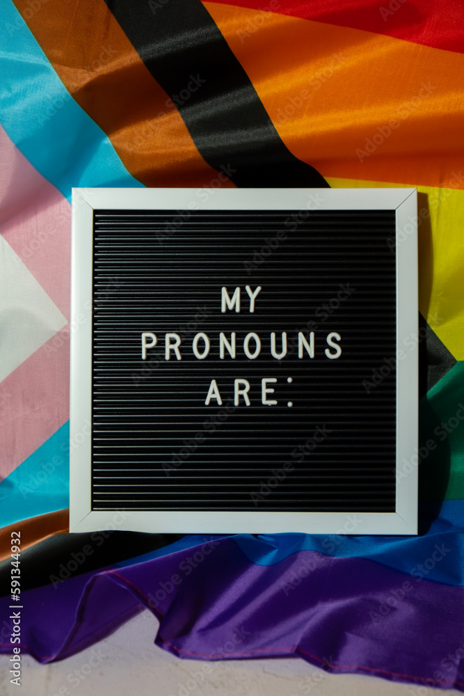 Poster MY PRONOUNS ARE text Neo pronouns concept on Rainbow flag ...