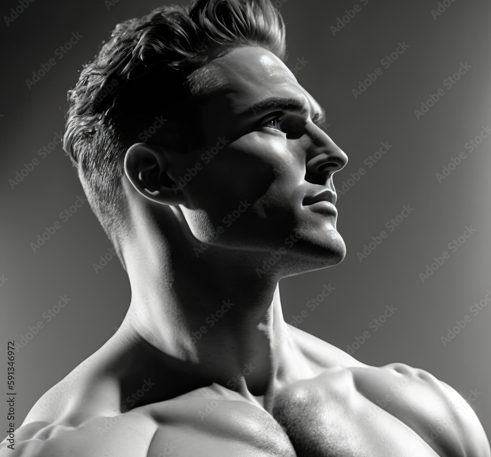 young man with many muscles in side profile as black and white ...
