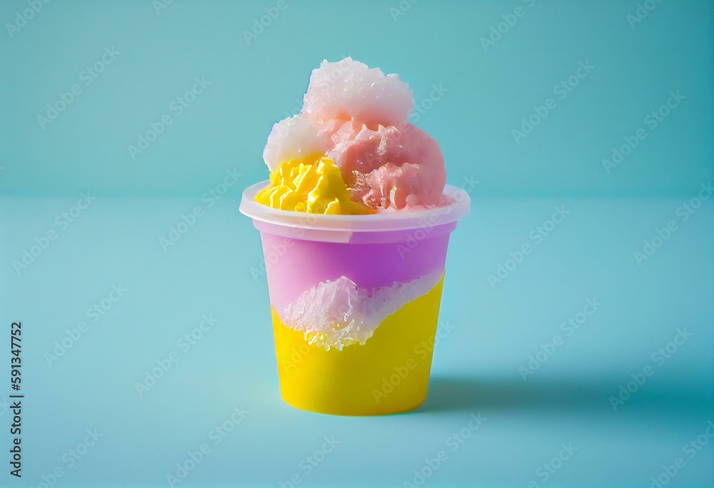 Fruit shaved ice in disposable plastic cup. Slushie - drink on pink background. Take away food ...