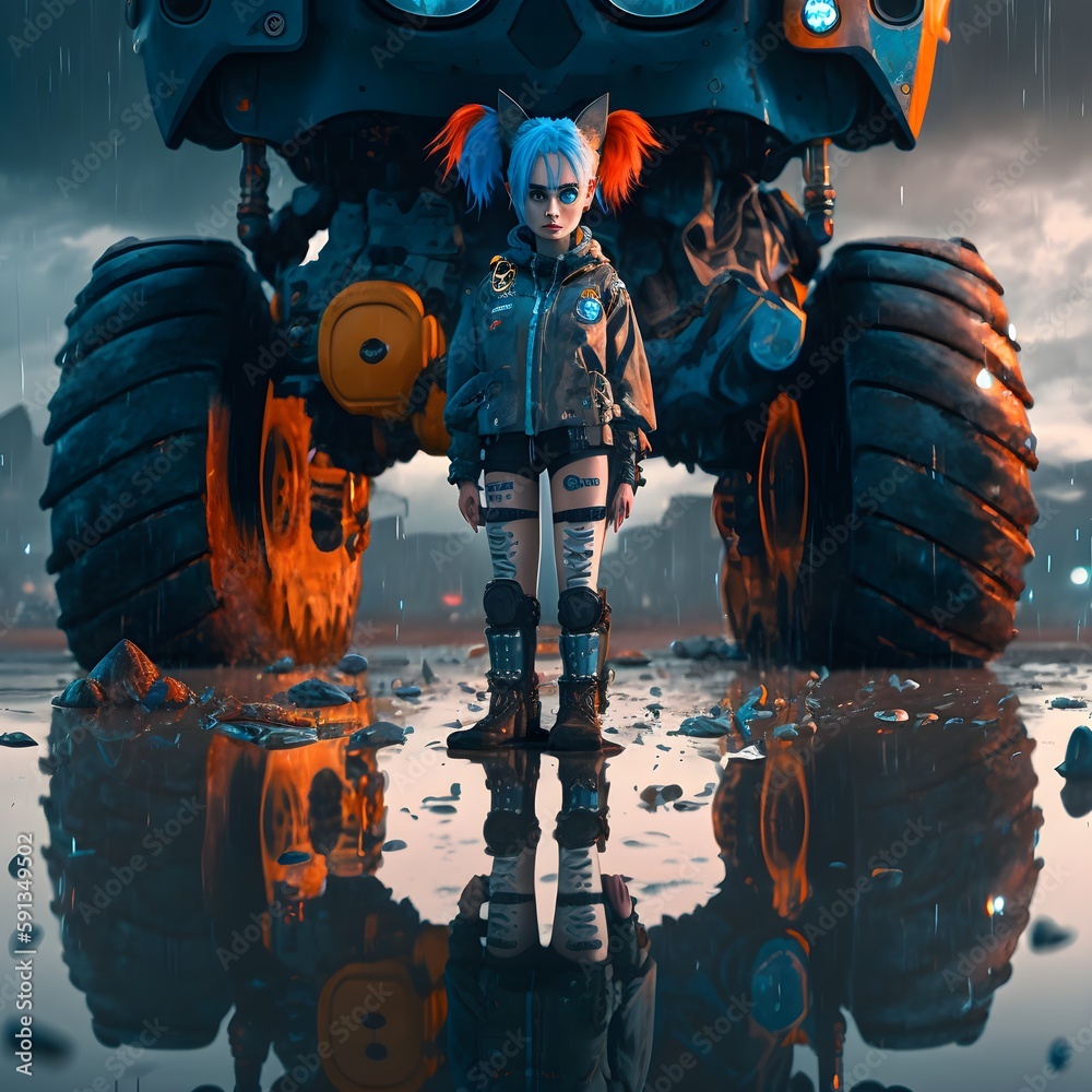 raining fire reflected in puddle full body woman with robot rabbit punk ...