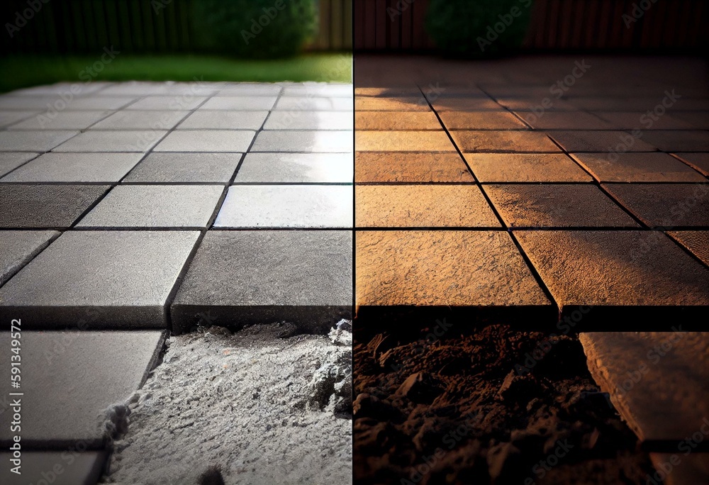Contrast between auto block slab patio paving slabs floor dirty clean ...
