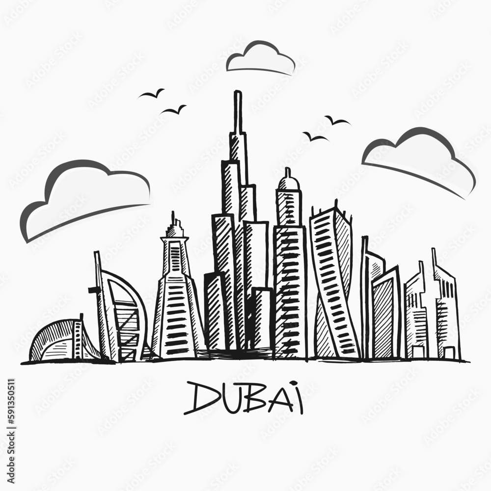 Detailed dubai line vector cityscape with skyscrapers. Uae landmark ...
