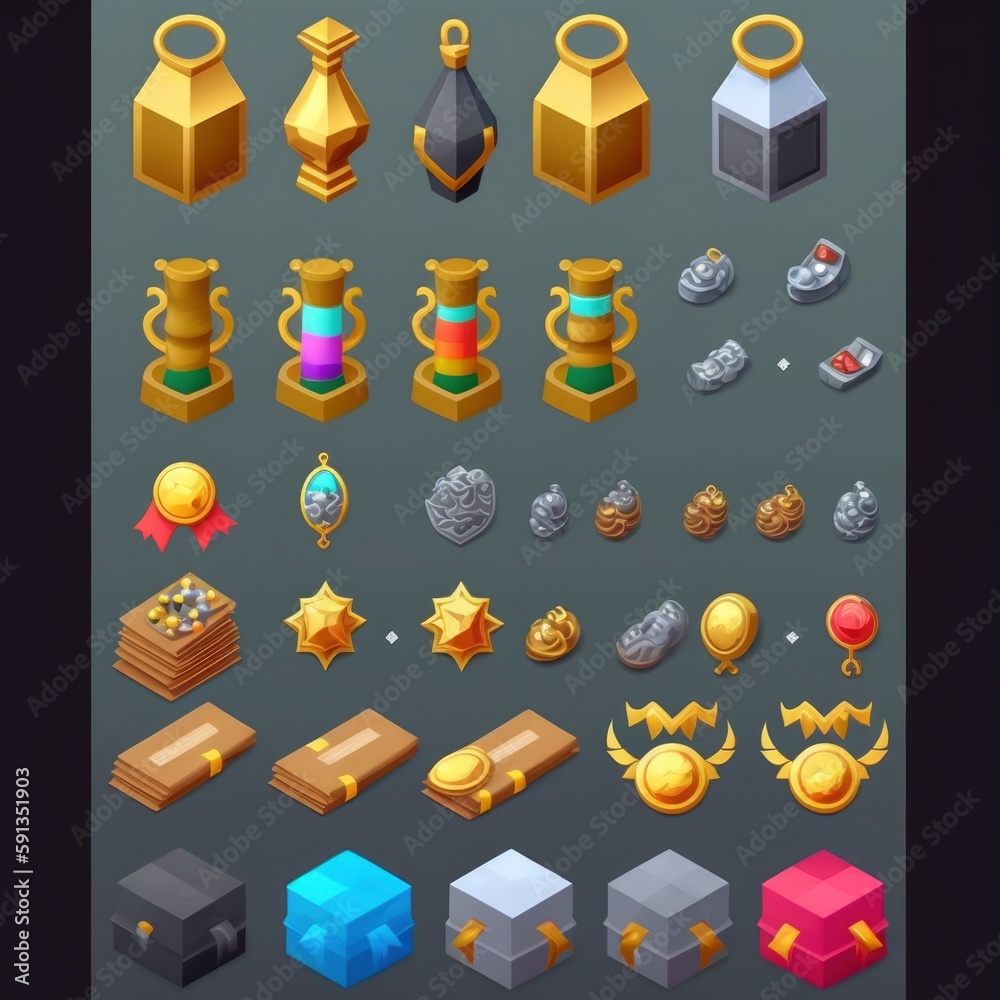 set of icons, modern game icons stylized 3D, RPG elements, gold wooden ...