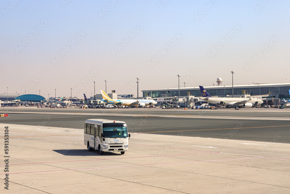 View from the window of a Flydubai aircraft moving along the runway to ...