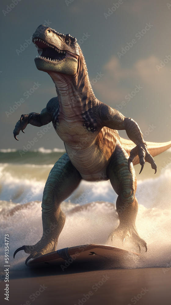 Dinosaur surfer ride the wave. Tyrannosaurus or T. rex on surfboard ...