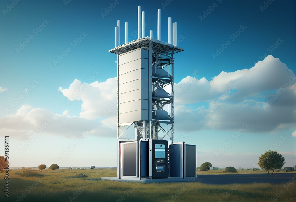 3D Rendering of mobile phone signal repeater station tower with blue ...