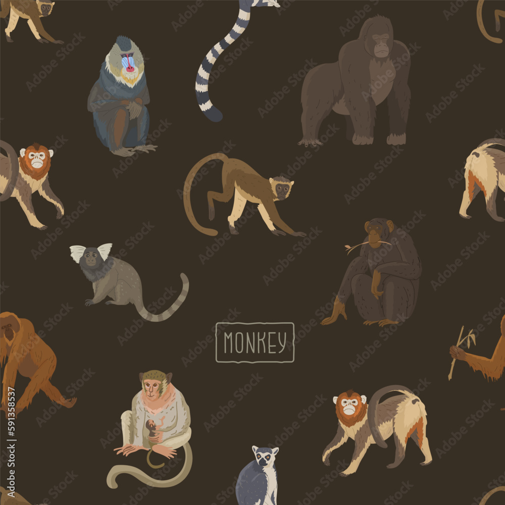Vetor de Pattern with different types of monkeys. Variety of primates ...