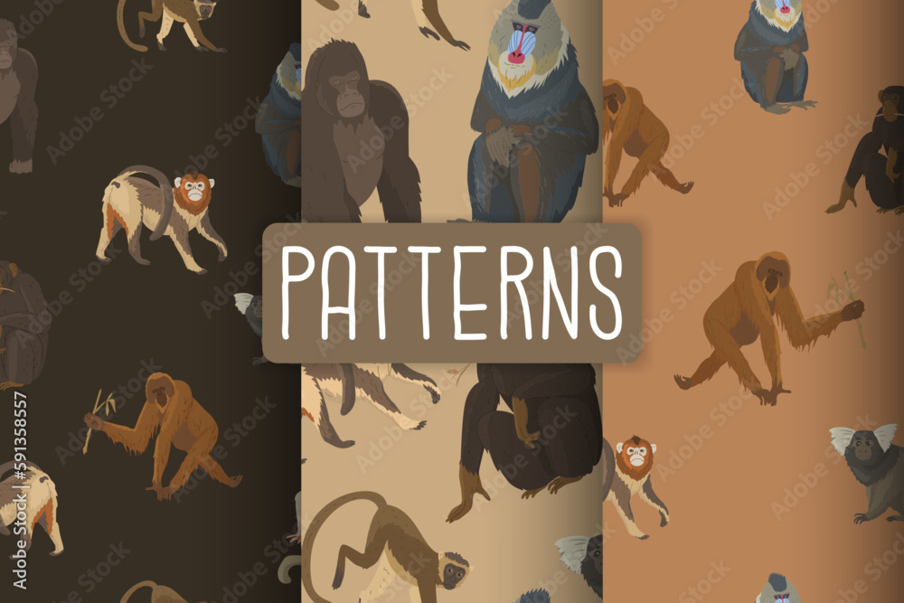 3 Patterns with different types of monkeys. Variety of primates ...