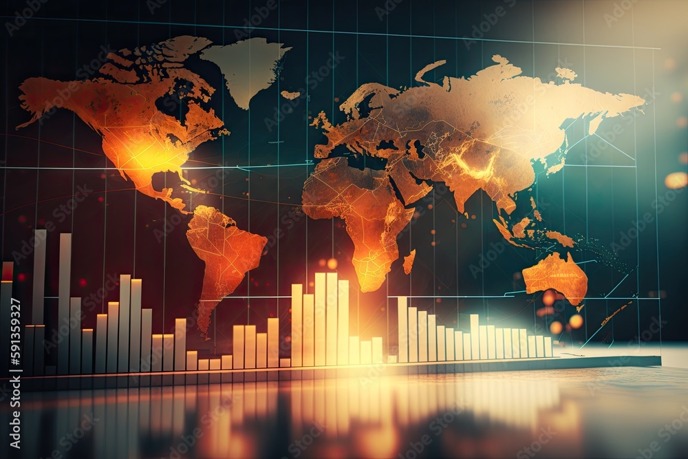 world map with a bar chart overlay showing global statistics ...