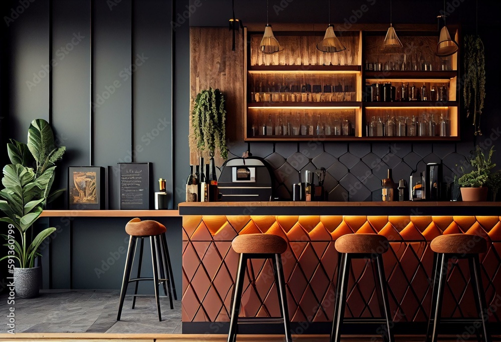 Bar counter and cafe interior. Restaurant bar counter. Minimalistic ...