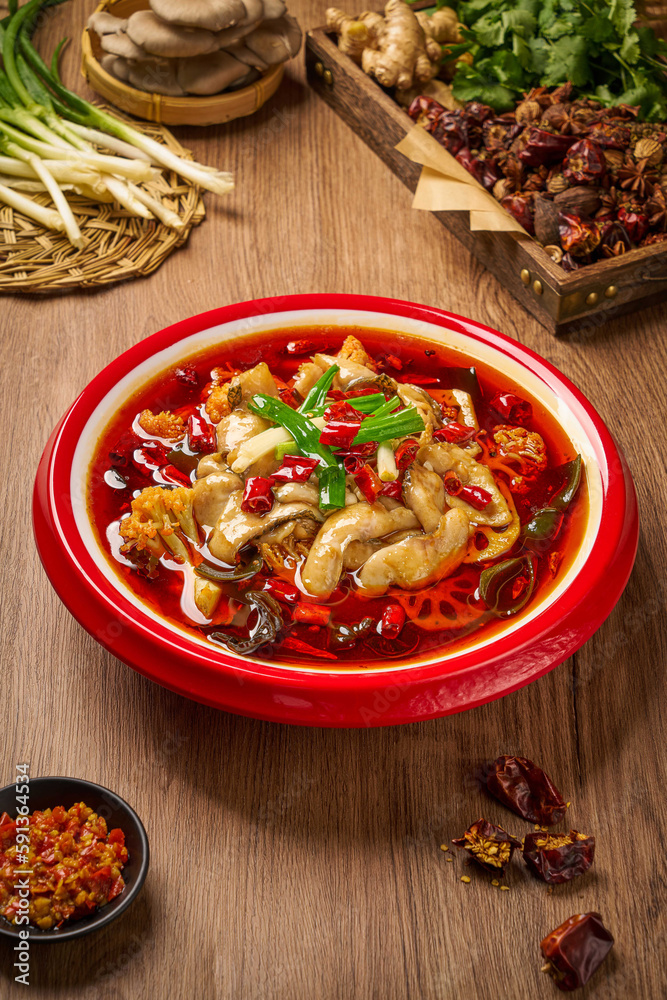 Pig intestines, Chinese hot pot, Chinese food, spicy hot pot Stock ...