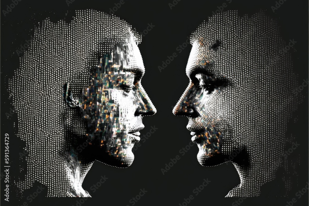 Surrealistic human face created by arrayed pixel particles face forming ...