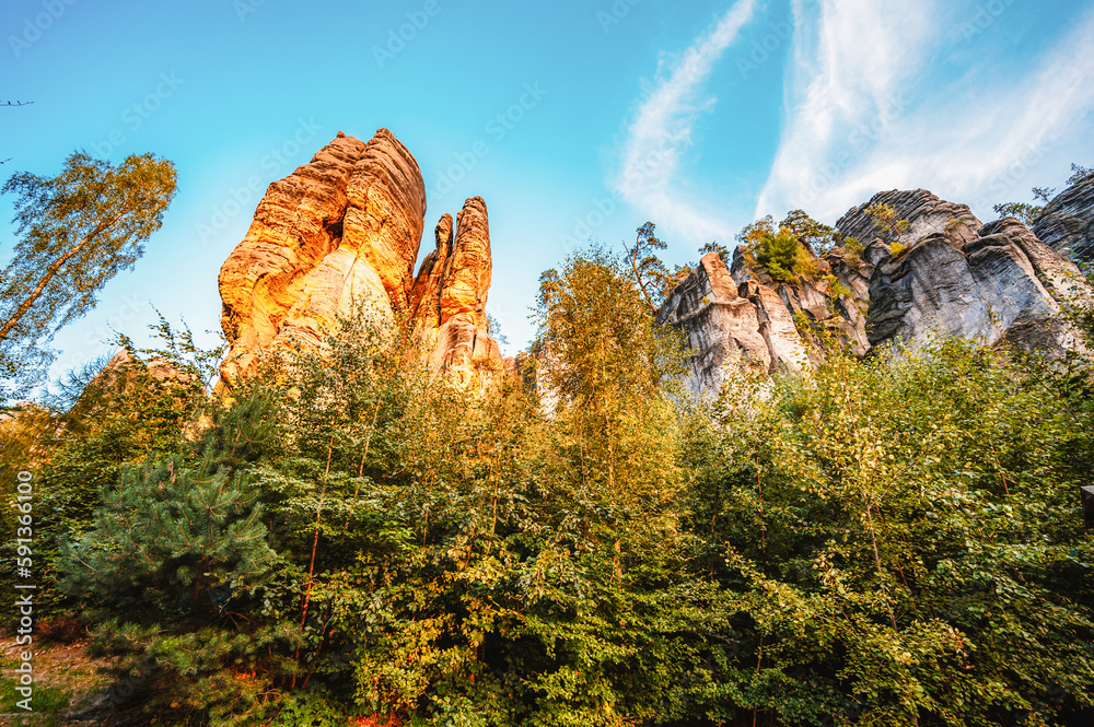 Cesky raj sandstone cliffs - Prachovske skaly in summer sunset, Czech ...