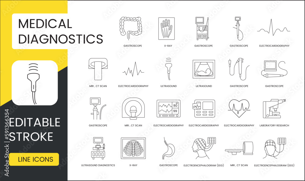 Medical diagnostics line icon set in vector, gastroscope and ...