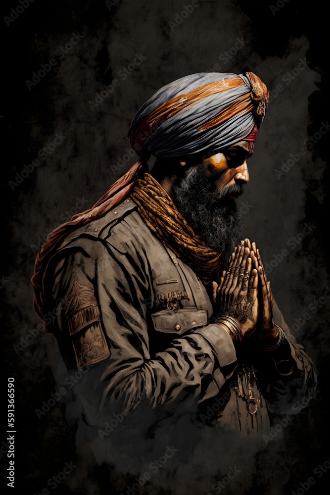 front portrait of a sikh warrior in 1980 praying to god with empty ...
