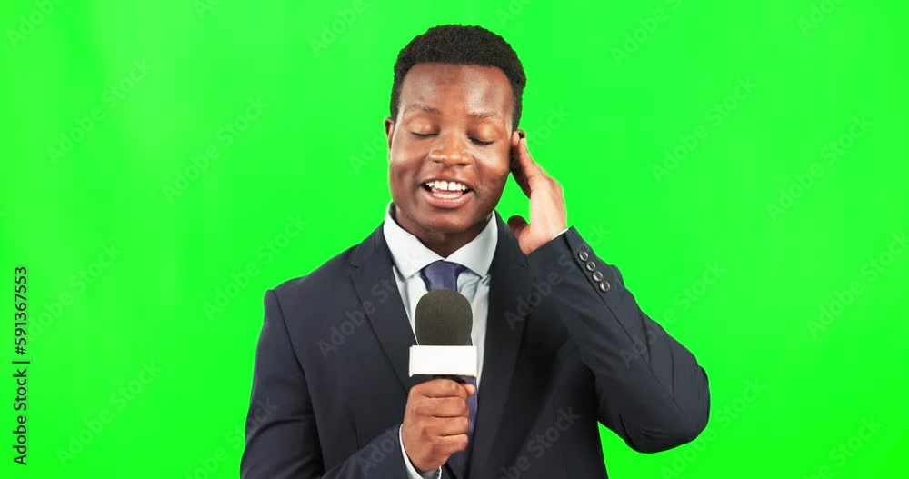 Green screen, black man reporter with microphone and breaking news ...