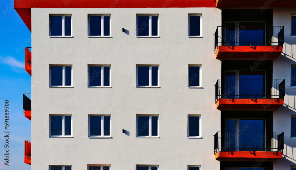 red textured stucco balcony slabs. steel picket railing. perspective ...
