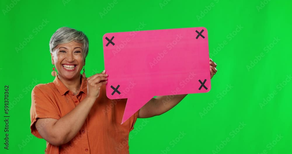 Green screen, speech bubble and tracking marker by senior with happy ...