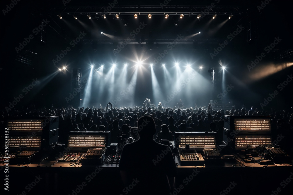 Massive Sound System With Many Reproductors Glowing On Concert Stage ...