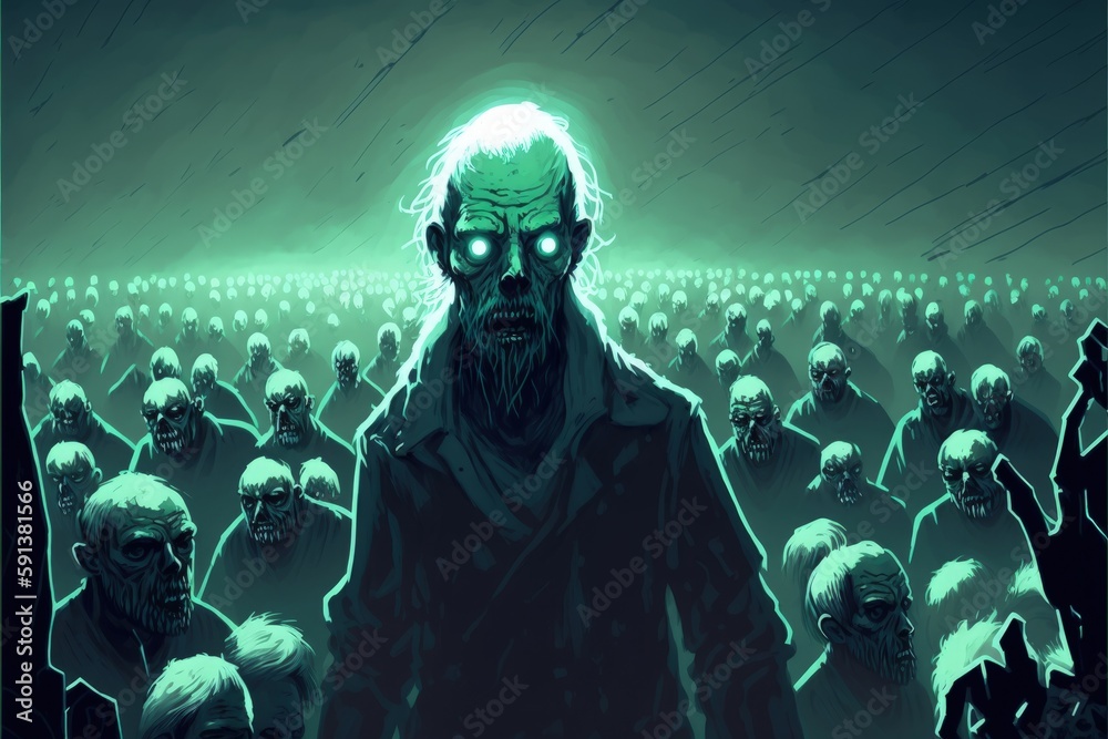 Halloween-themed concept of a horde of zombies walking at night ...